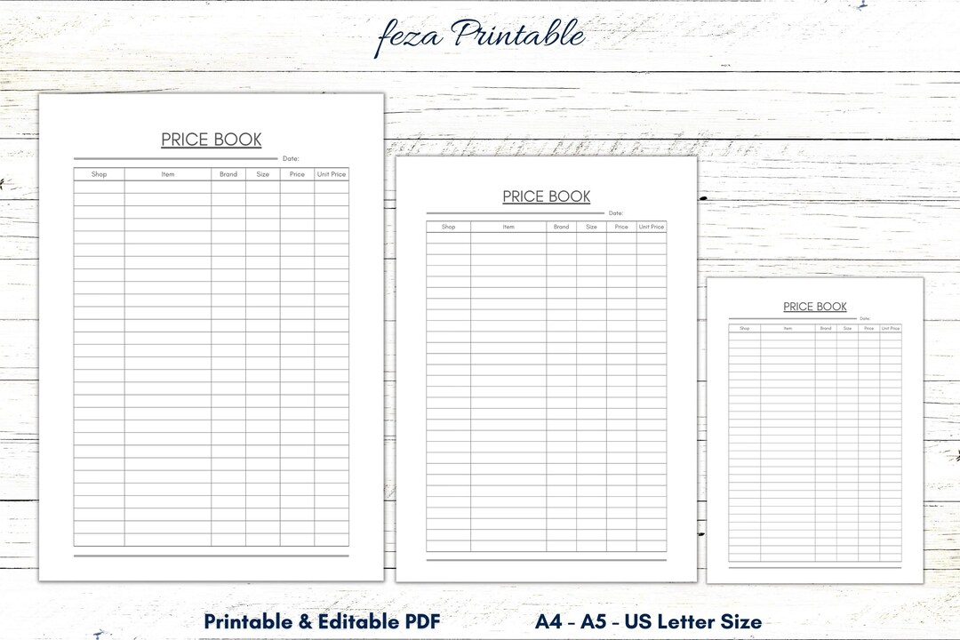 Price Book Template Printable, Price List Editable Fillable, Price ...