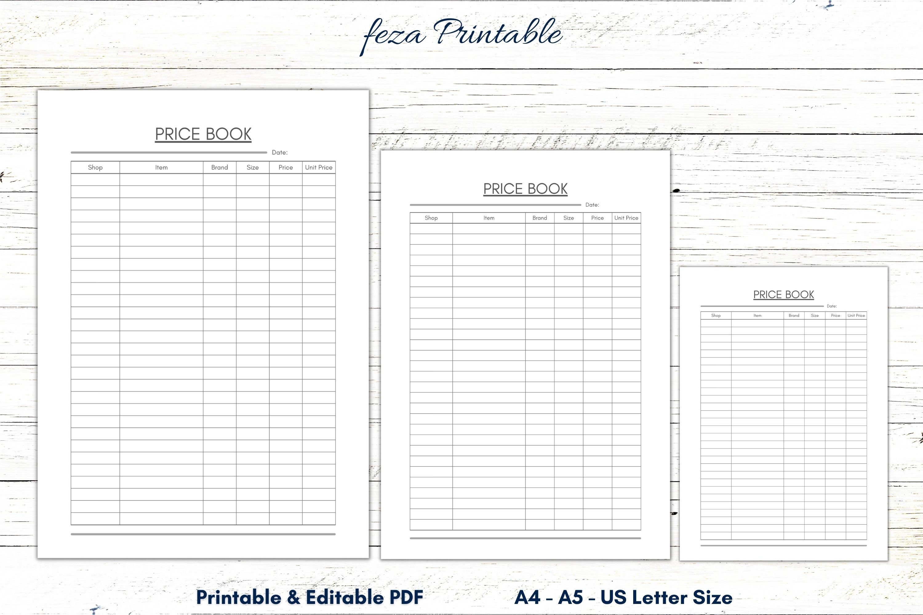 Price Book Template Printable, Price List Editable Fillable, Price ...