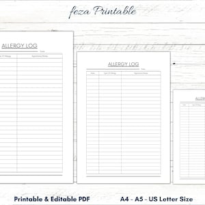 Allergy Tracker Printable, Allergy List Editable, Allergy Log Template ...