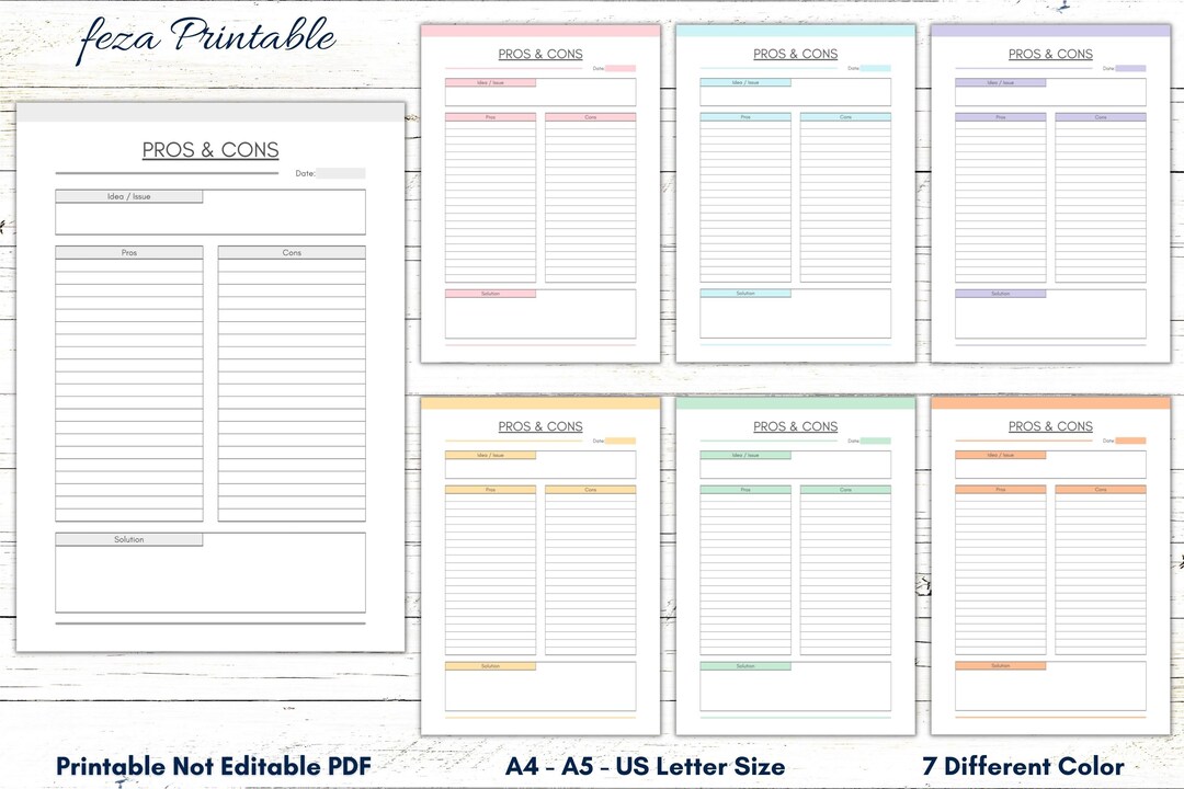 Printable Pros and Cons List, Idea Issue Planner Template, Problem ...