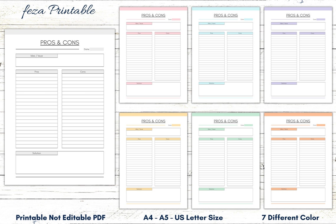 Printable Pros and Cons List, Idea Issue Planner Template, Problem ...