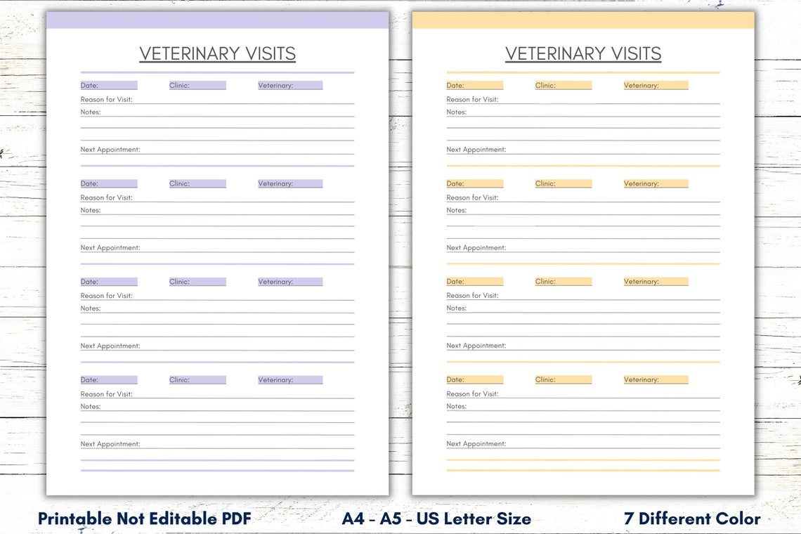 Printable Pet Information Form, PDF Pet Veterinary Visit Tracker, PDF ...