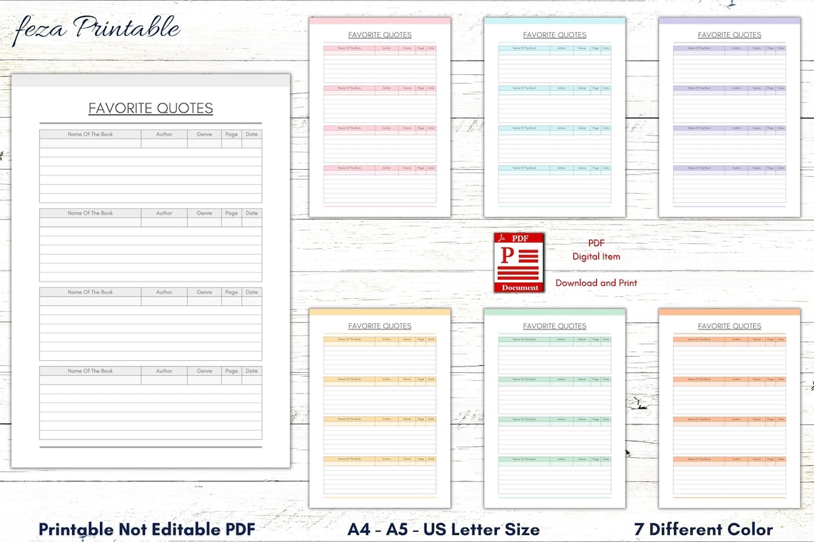 Book Quote Sheet Template Printable, Book Quote Tracker, Book Reading ...