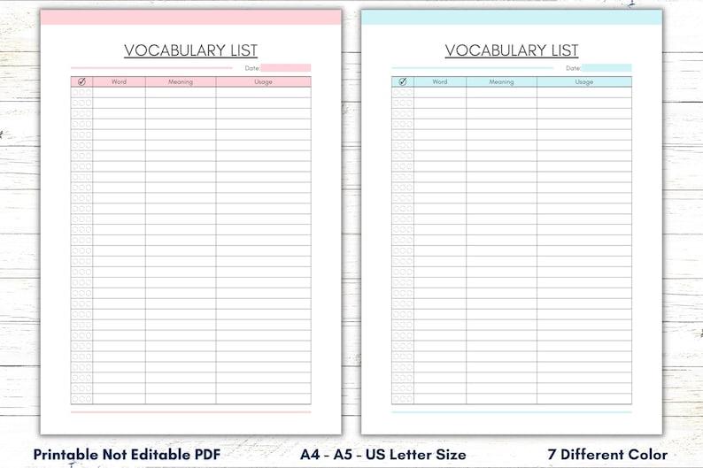 Printable Vocabulary List, Language Learning Planner Sheet, Language ...