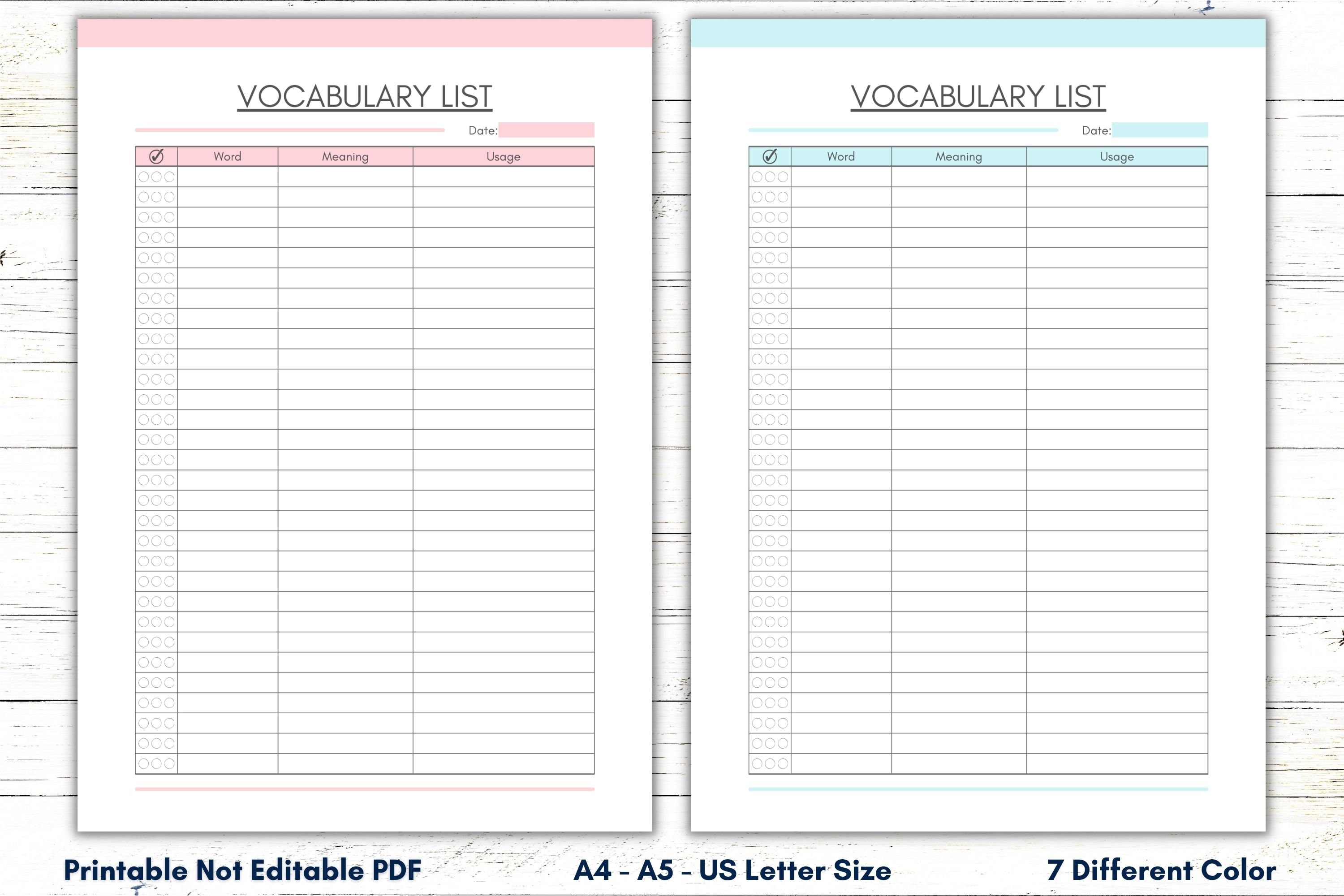 Printable Vocabulary List, Language Learning Planner Sheet, Language ...