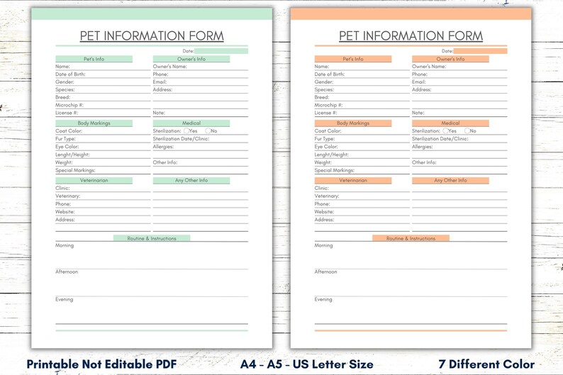Printable Pet Information Form, PDF Pet Veterinary Visit Tracker, PDF ...