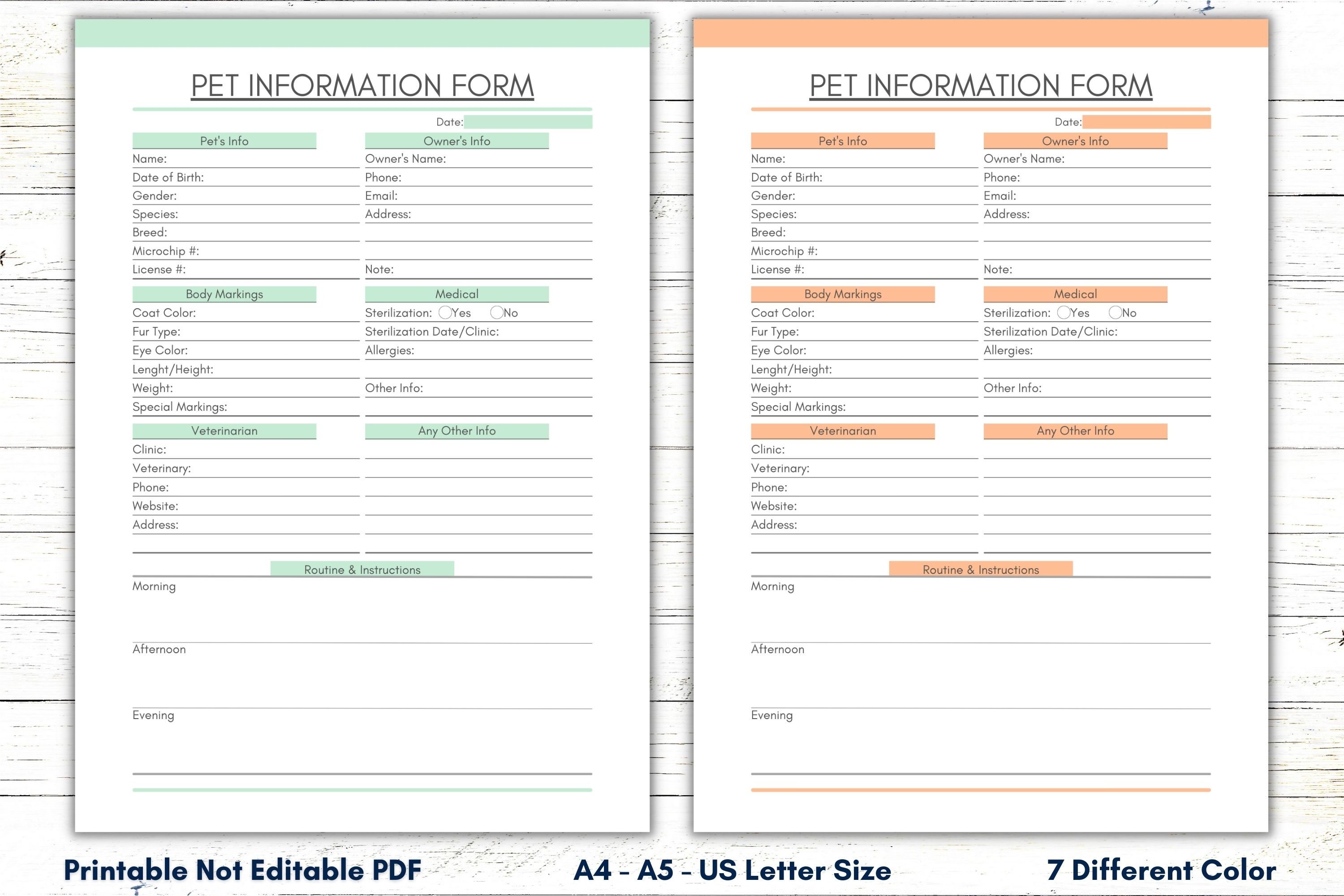 Printable Pet Information Form, PDF Pet Veterinary Visit Tracker, PDF ...