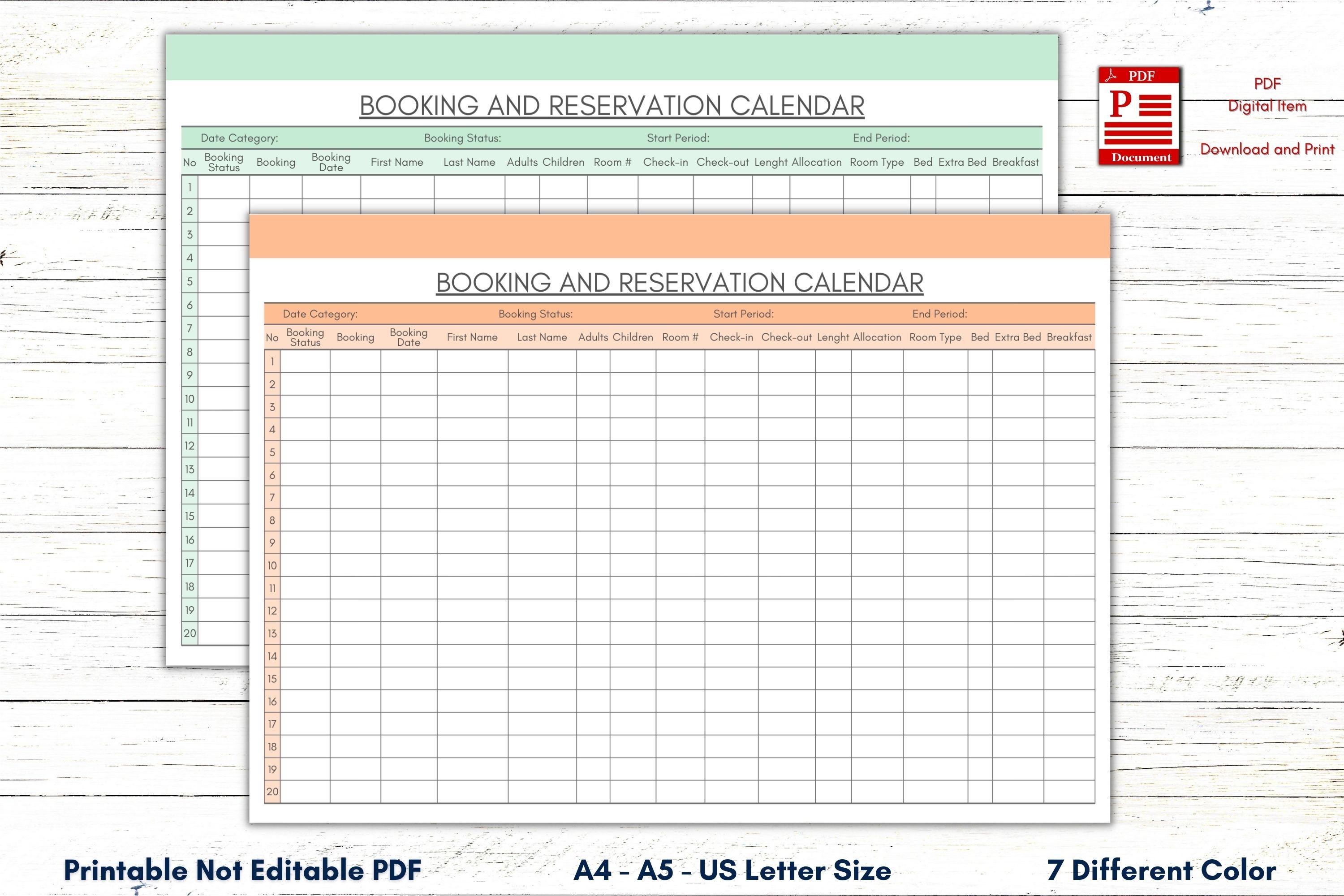 Printable Booking & Reservation Calendar, Printable Booking Template ...