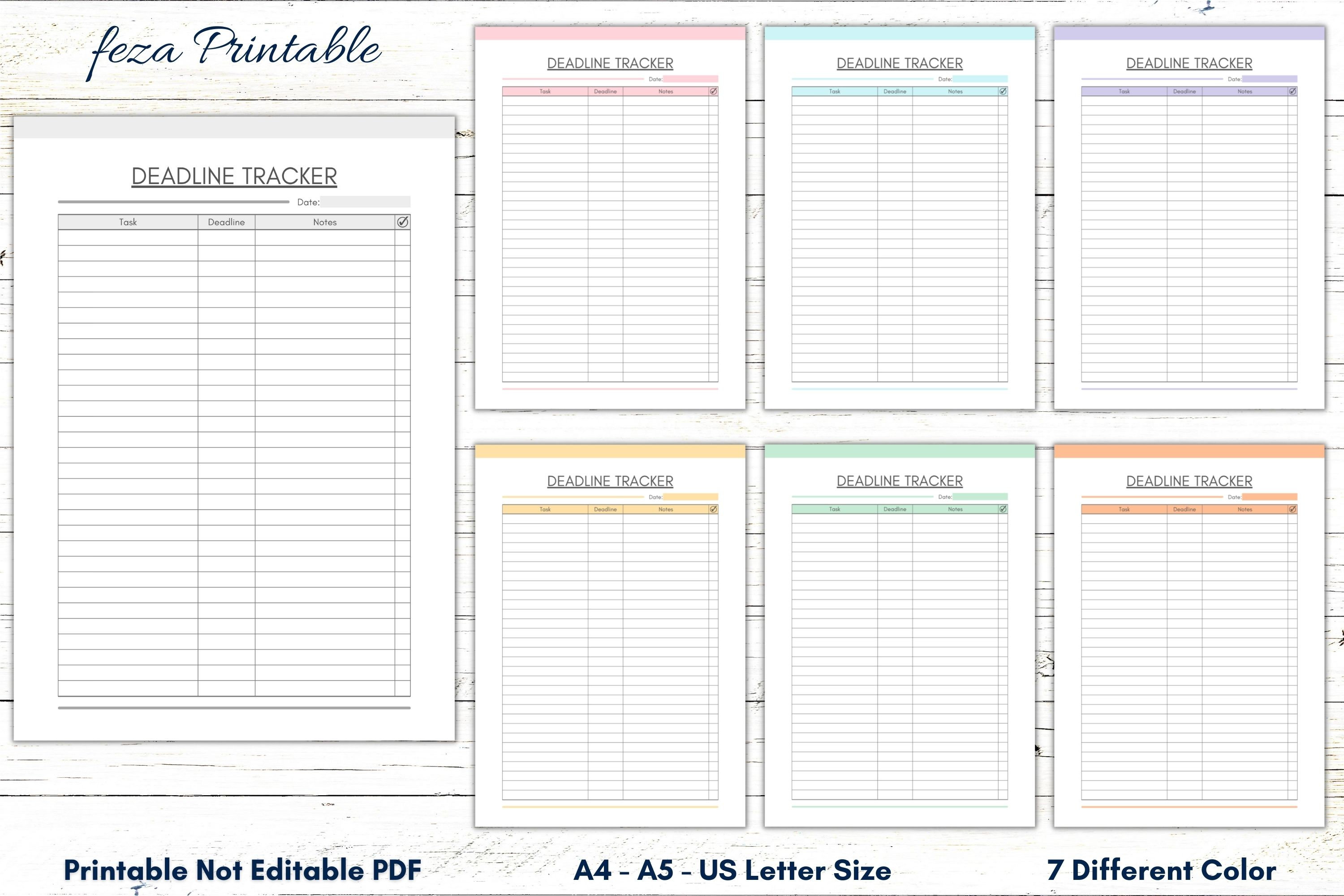 Printable Deadline Tracker Template, Deadline List, Deadline Checker, Task Form, Work Completion ...