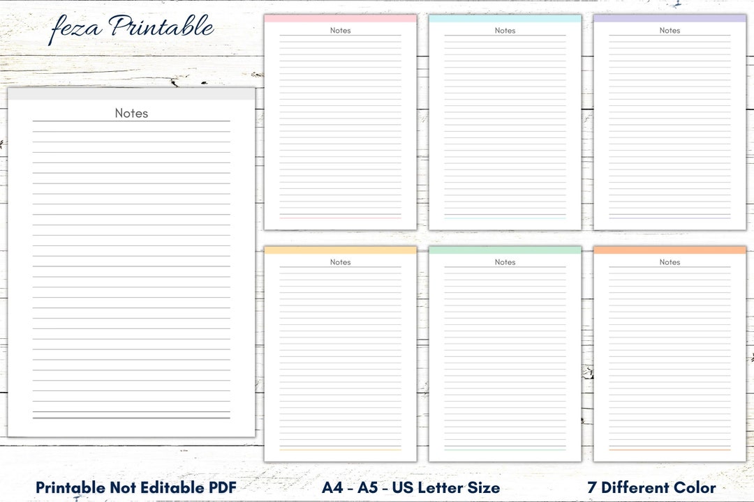 Printable Lined Notes Pages Template, Colored Lined Notes Sheet, Note ...