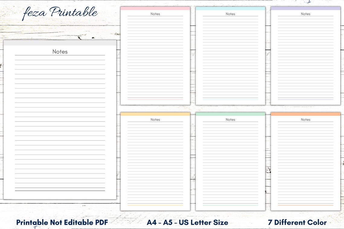 Printable Lined Notes Pages Template, Colored Lined Notes Sheet, Note ...