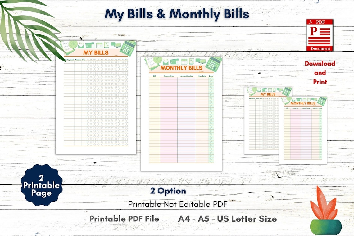 Printable Bill Payment Sheet Monthly Bills Record Bill | Etsy
