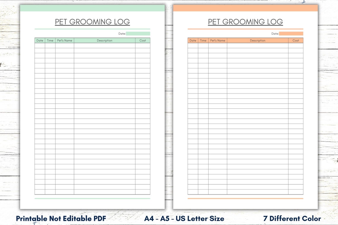 Printable Pet Grooming Tracker, Pet Grooming Log Template, Pet Health ...