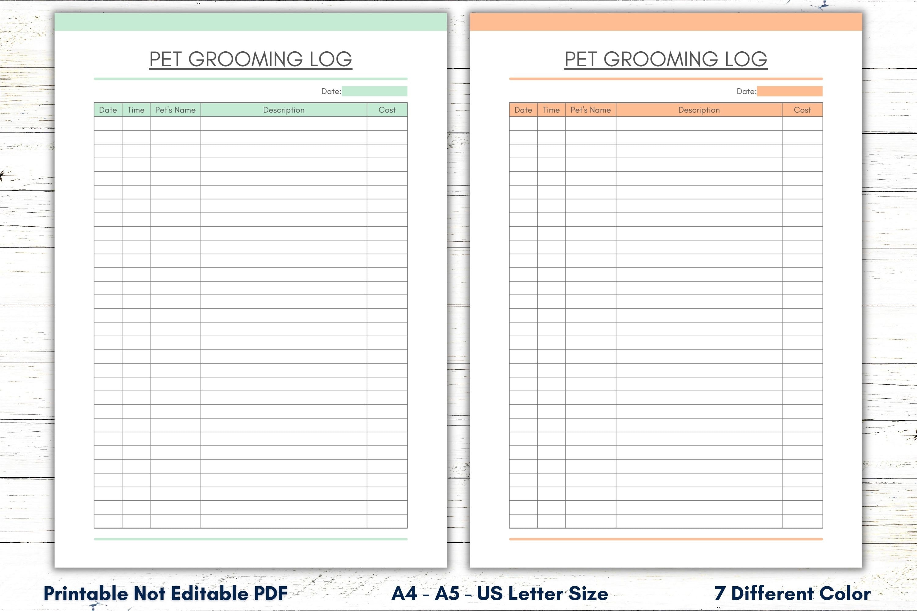 Printable Pet Grooming Tracker, Pet Grooming Log Template, Pet Health ...