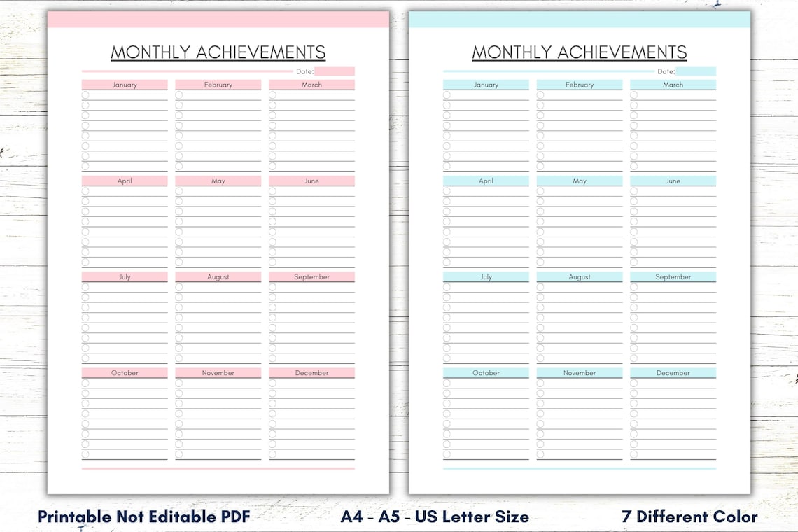 Printable Monthly Achievements Tracker, Achievements Overview, Monthly ...