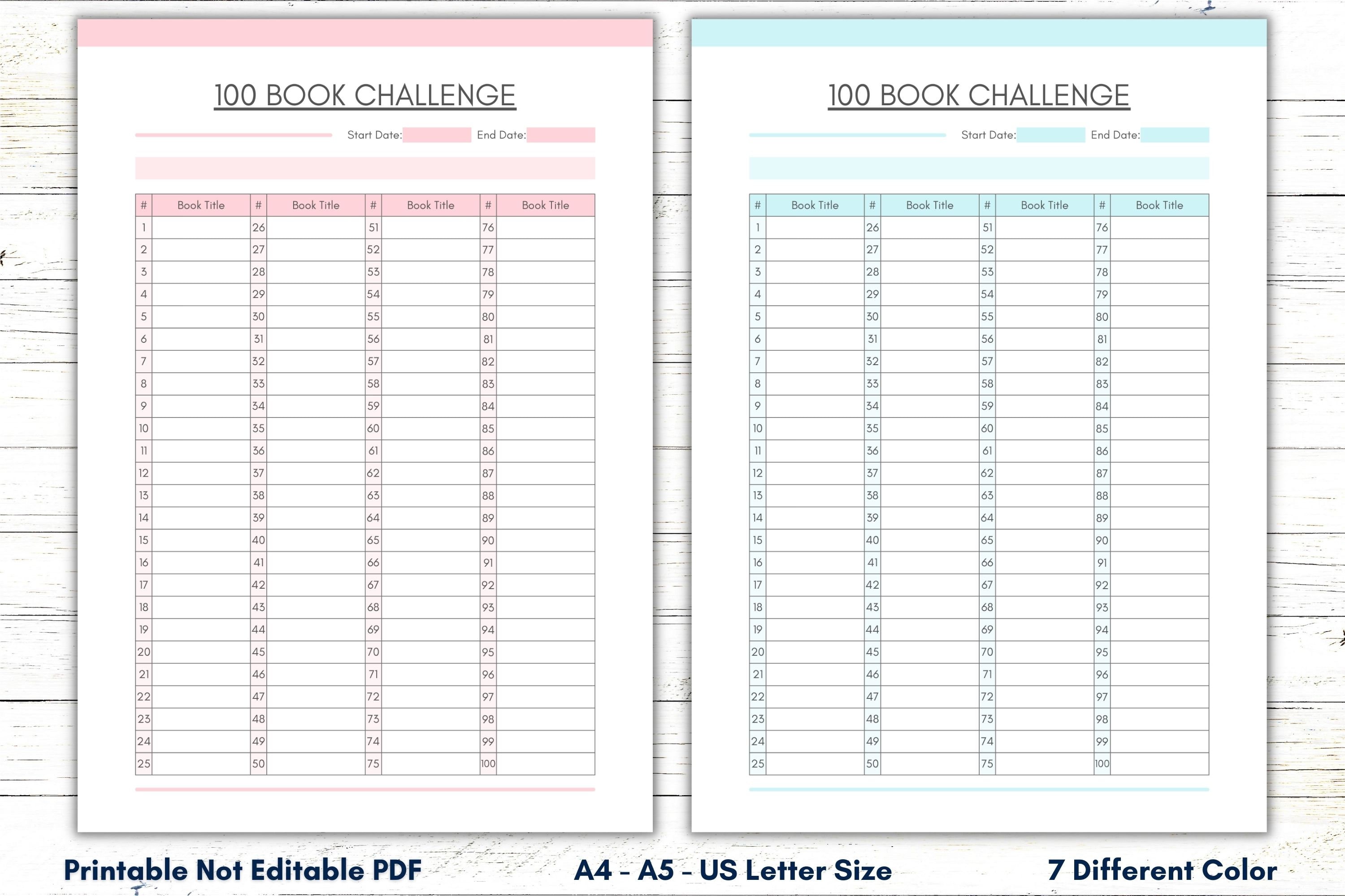 100 Book Challenge Tracker Template, Reading Challenge, Book Counter ...
