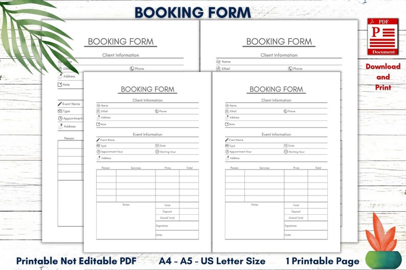 Printable Booking Form, Printable Service Form, Printable Client Form ...