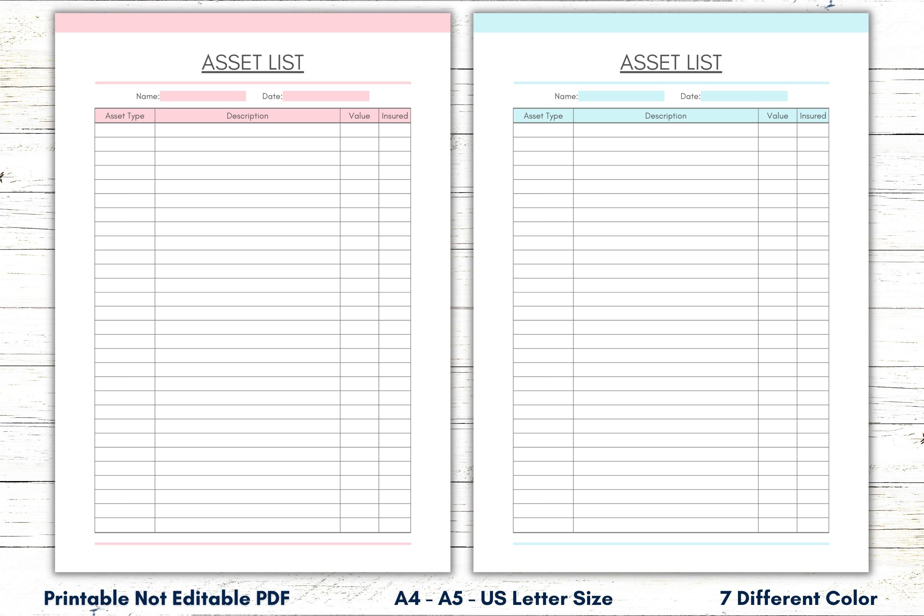 Printable Asset Tracking, Asset Tracker, Asset List, Inventory List ...