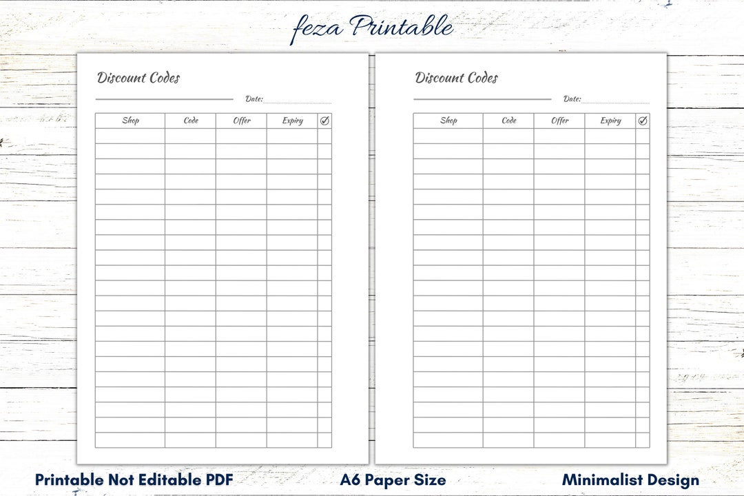 A6 Coupon Codes Tracker Printable, A6 Discount Codes Tracker, Shop ...