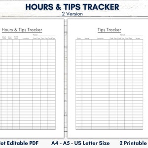 Printable Hours and Tips Tracker Cash Tips Tracker Card Tips | Etsy