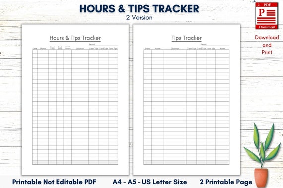Printable Hours and Tips Tracker Cash Tips Tracker Card Tips | Etsy