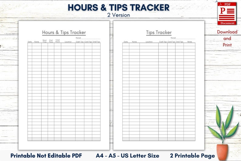 Printable Hours and Tips Tracker Cash Tips Tracker Card Tips | Etsy