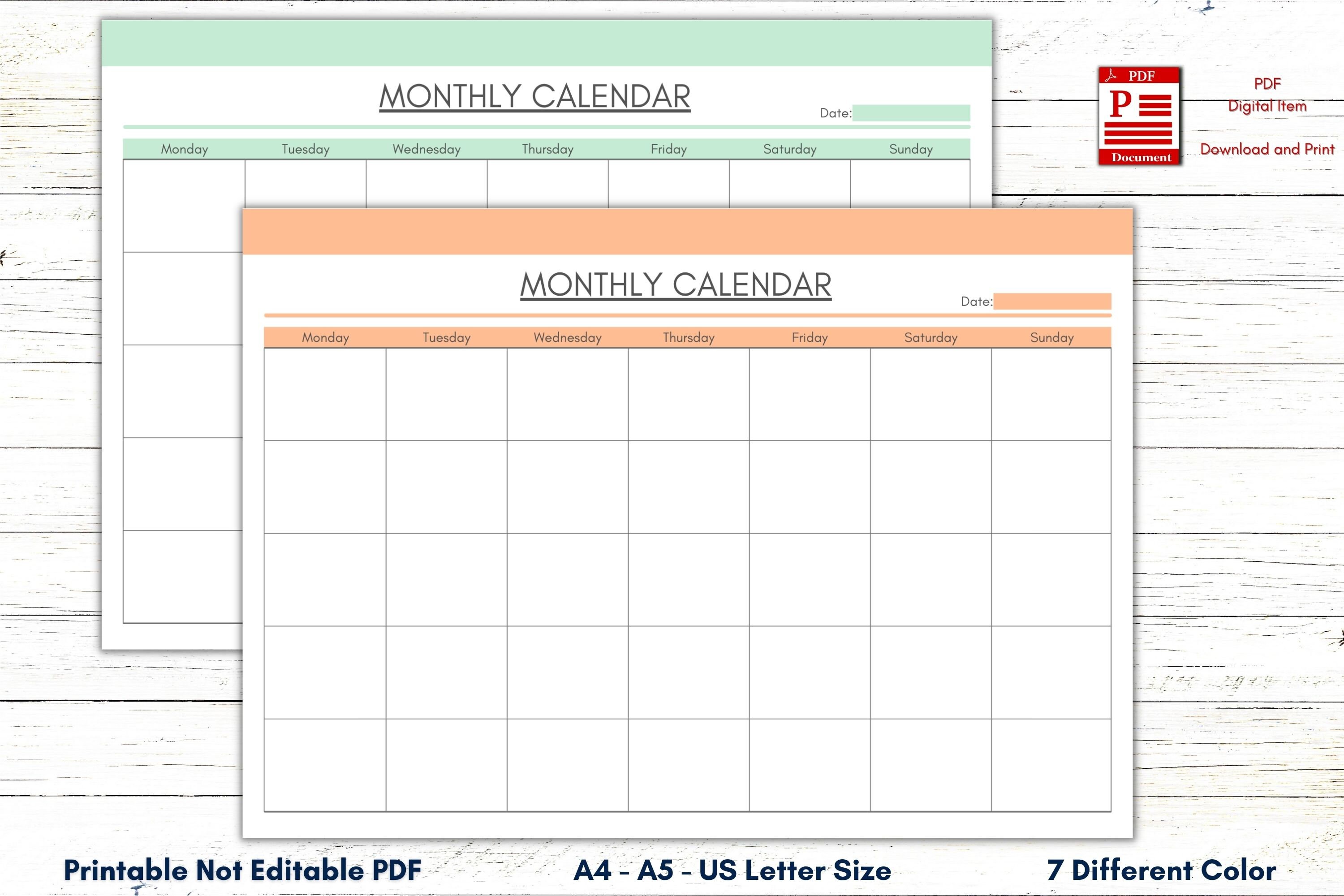 Printable Calendar, Monthly Calendar, Horizontal Calendar, Undated ...