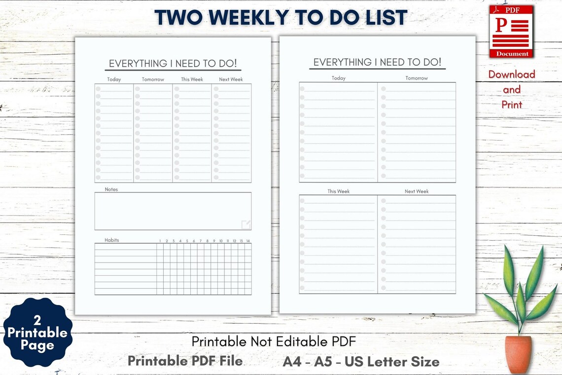 Printable Weekly Planner Two Weekly to Do List Printable | Etsy