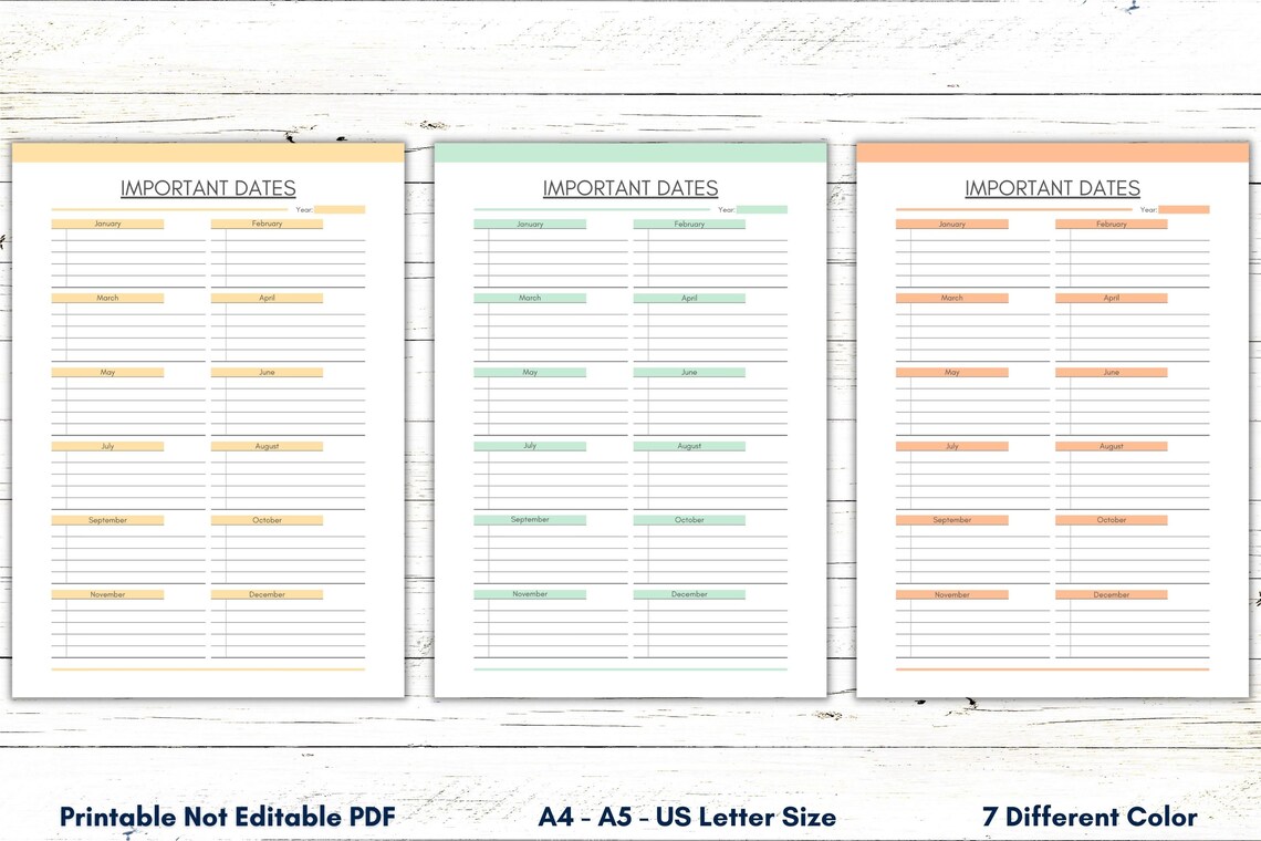 Printable Important Dates Sheet, PDF Important Dates Tracker, PDF Dates ...