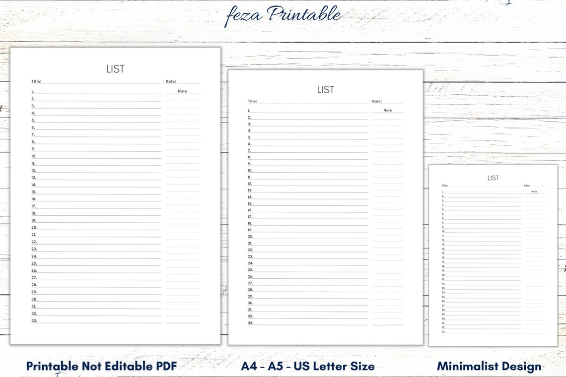 Numbered List Template, Printable List Sheet, A4 A5 US Letter (PDF) - Etsy