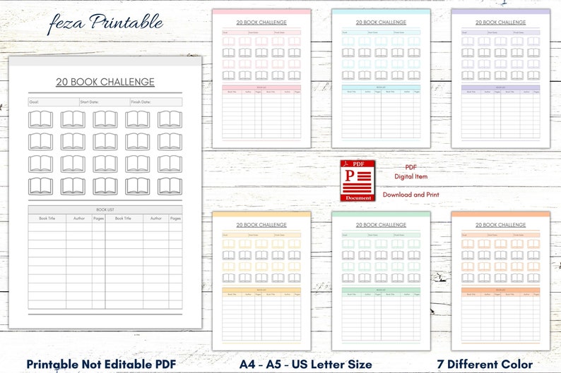 20 Book Challenge Tracker Template, Reading Challenge, Book Counter ...