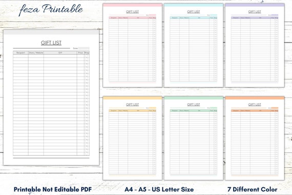 Printable Gift List Gift List Template Gift List Sheet Gift - Etsy