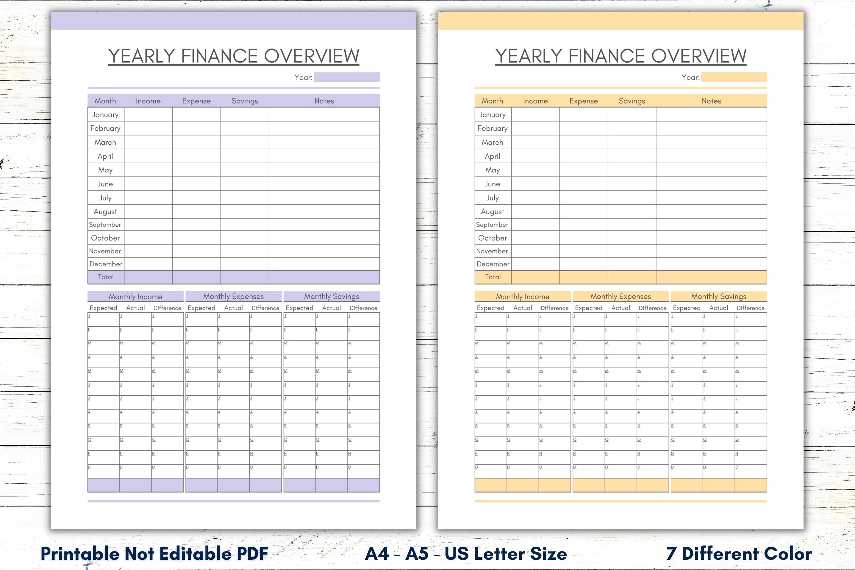 Printable Yearly Finance Overview Planner (PDF) - Etsy
