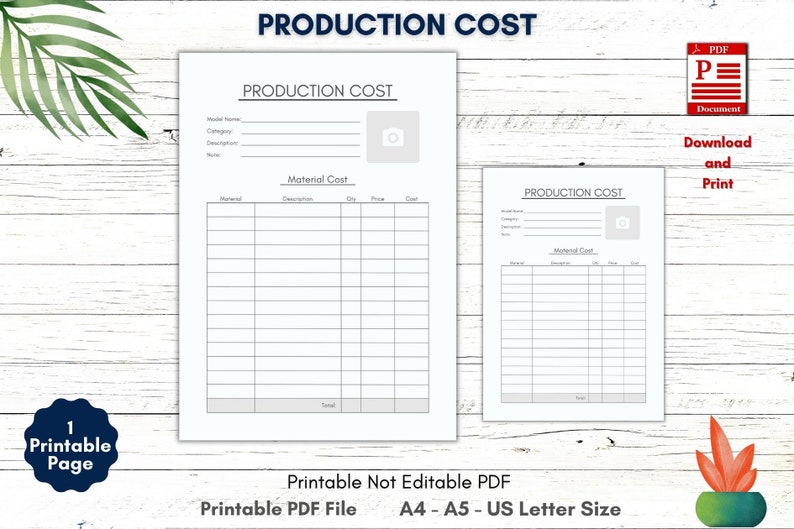 Printable Production Cost Template Printable Material Cost | Etsy