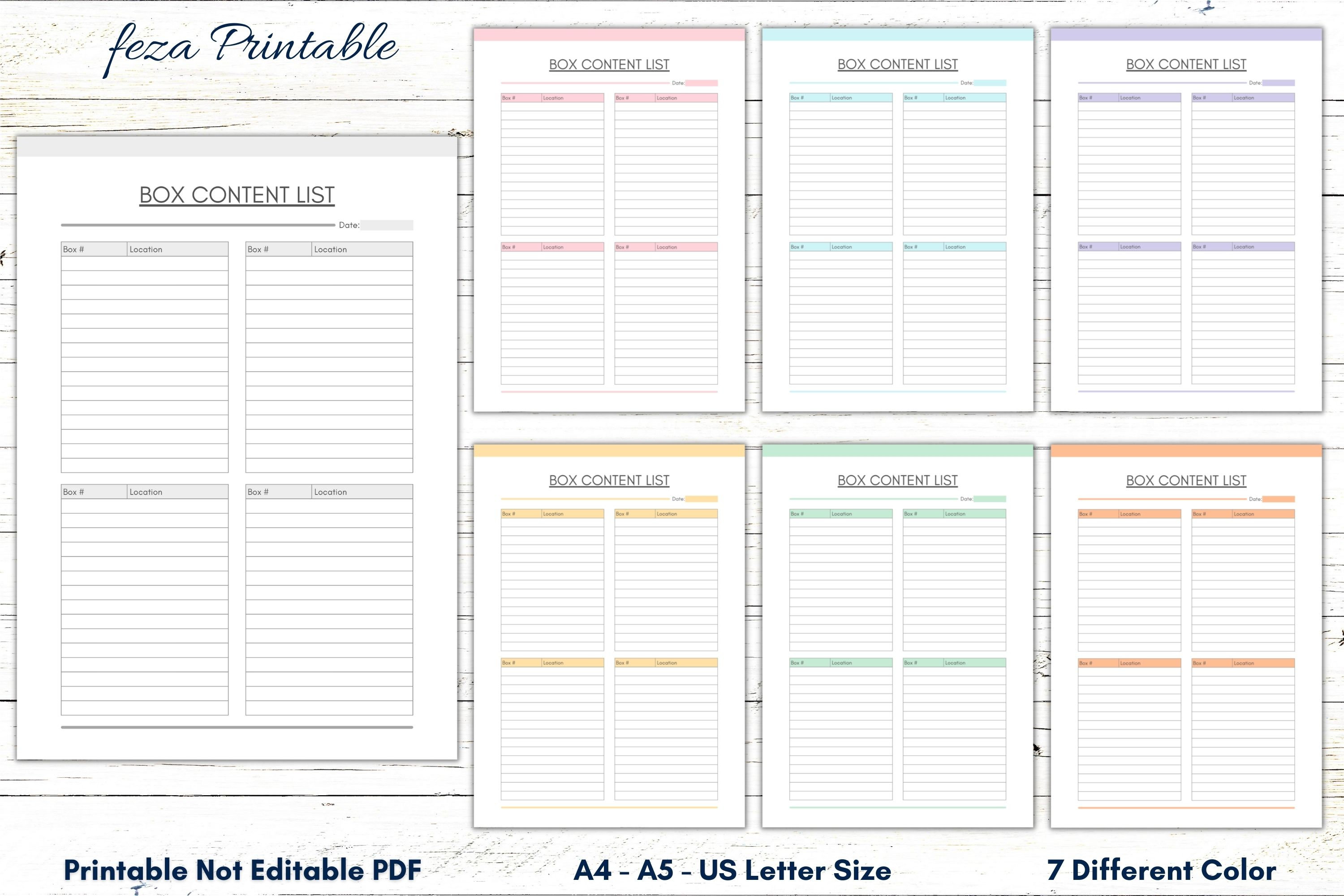 Box Content List Template Printable, Moving Process Plan, Moving ...