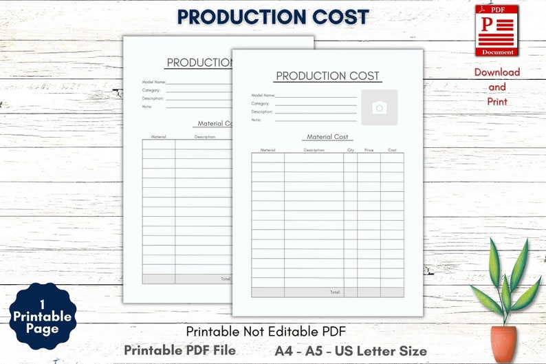 Printable Production Cost Template Printable Material Cost | Etsy