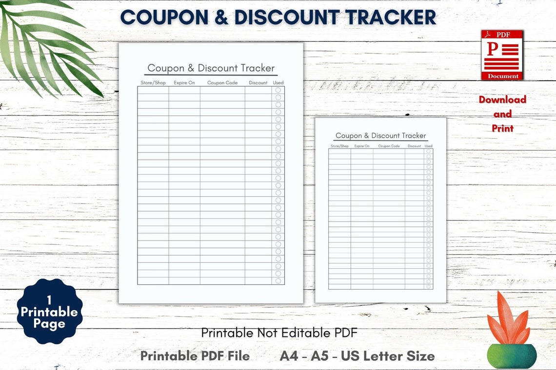 Printable Coupon Code Tracker Coupon Organizer Discount | Etsy