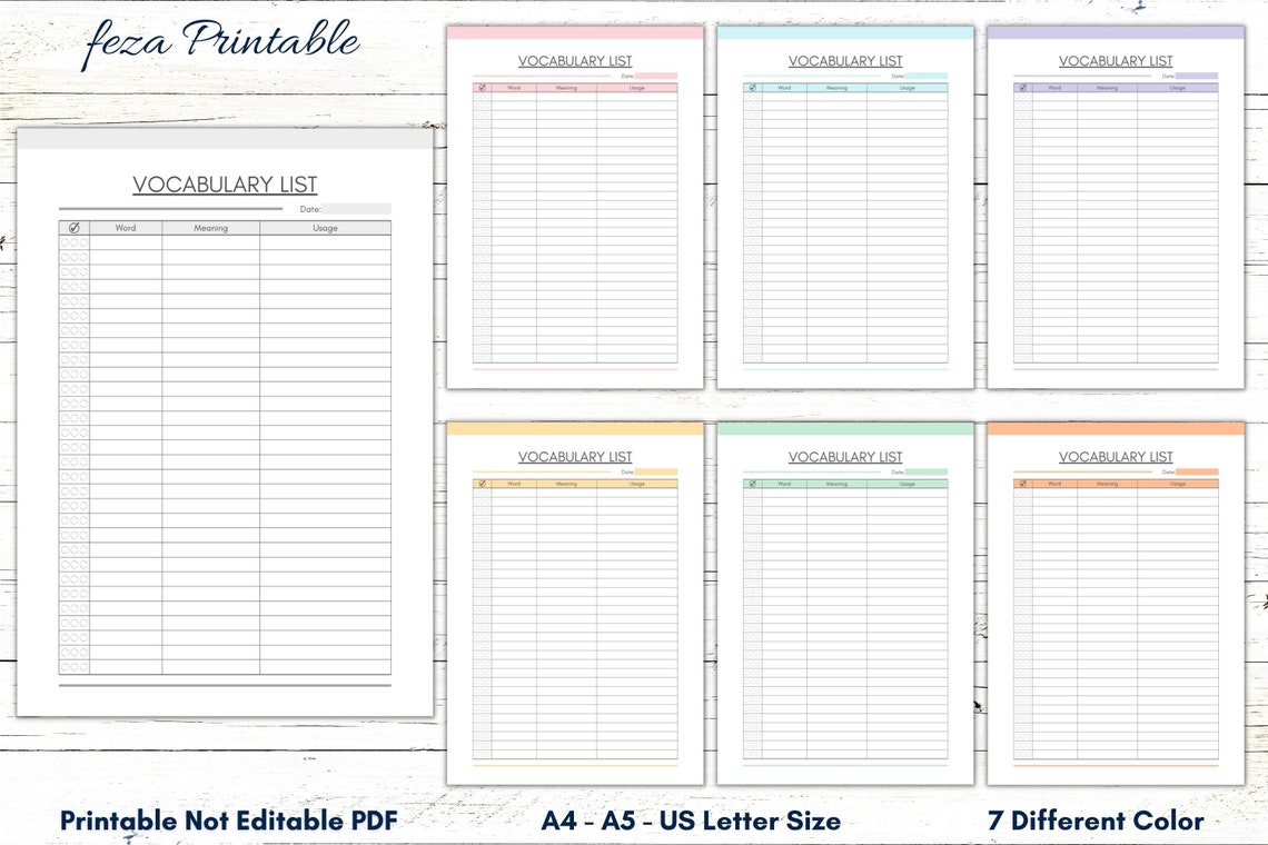 Printable Vocabulary List, Language Learning Planner Sheet, Language ...