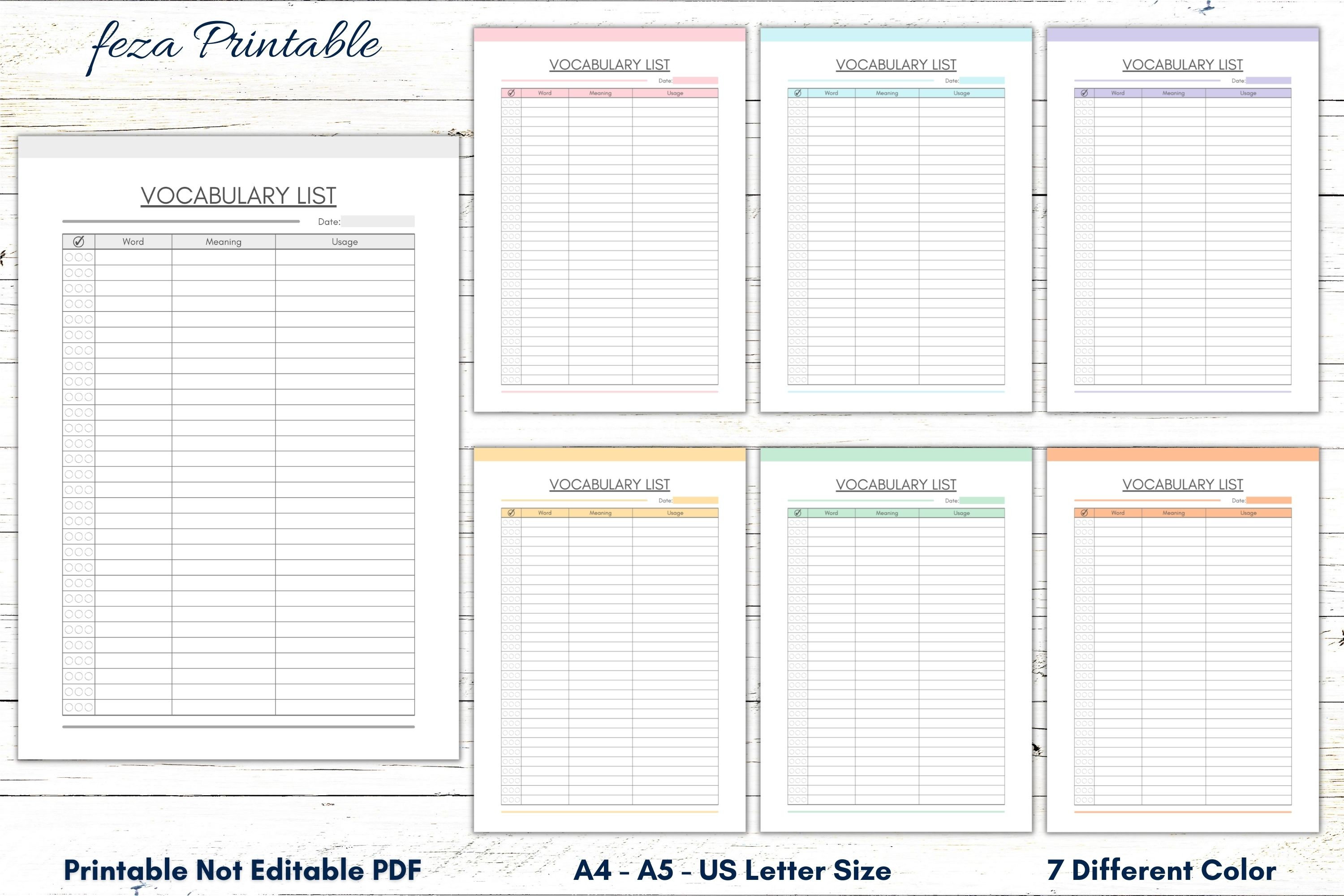Printable Vocabulary List, Language Learning Planner Sheet, Language ...