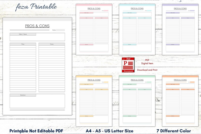 Printable Pros and Cons List, Idea Issue Planner Template, Problem ...
