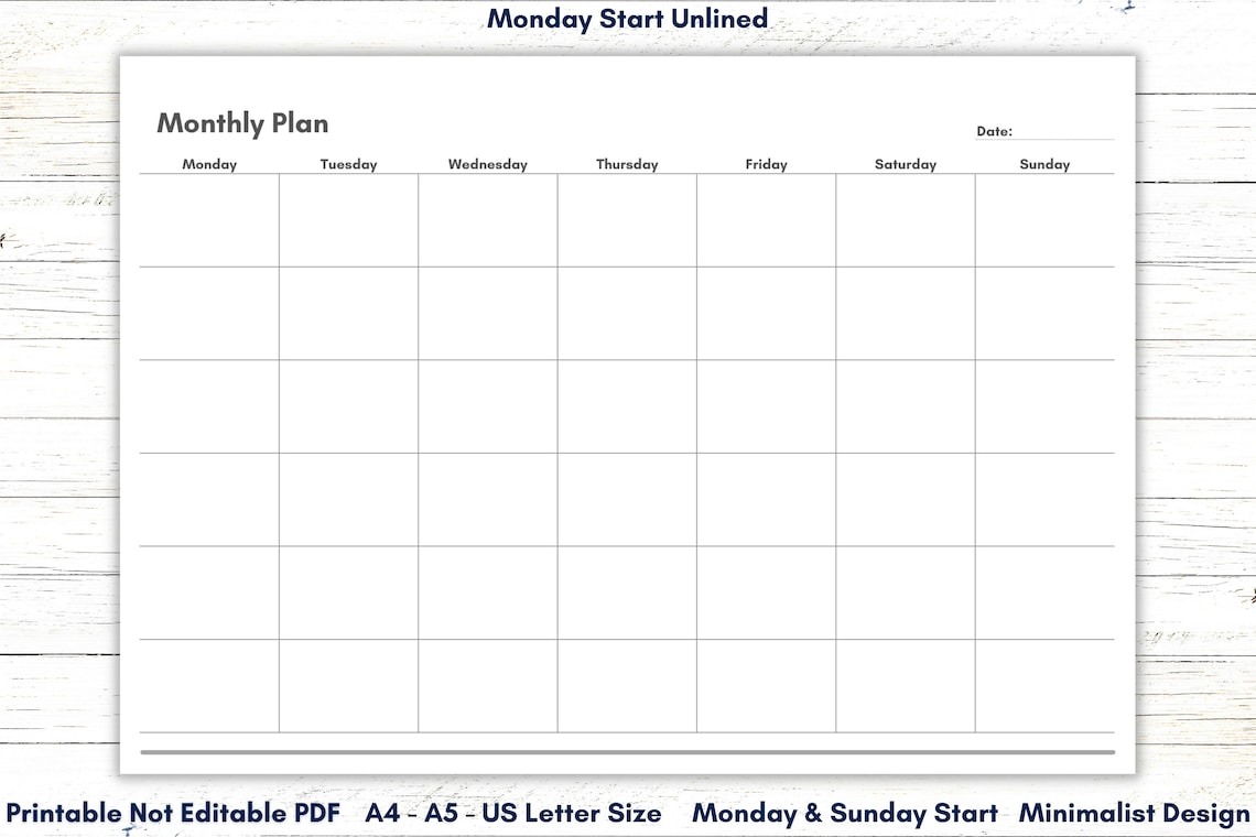 Undated Calendar Printable, Undated Monthly Calendar, Lined Calendar ...