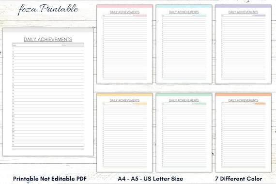 Printable Daily Achievements Tracker Achievements Overview - Etsy