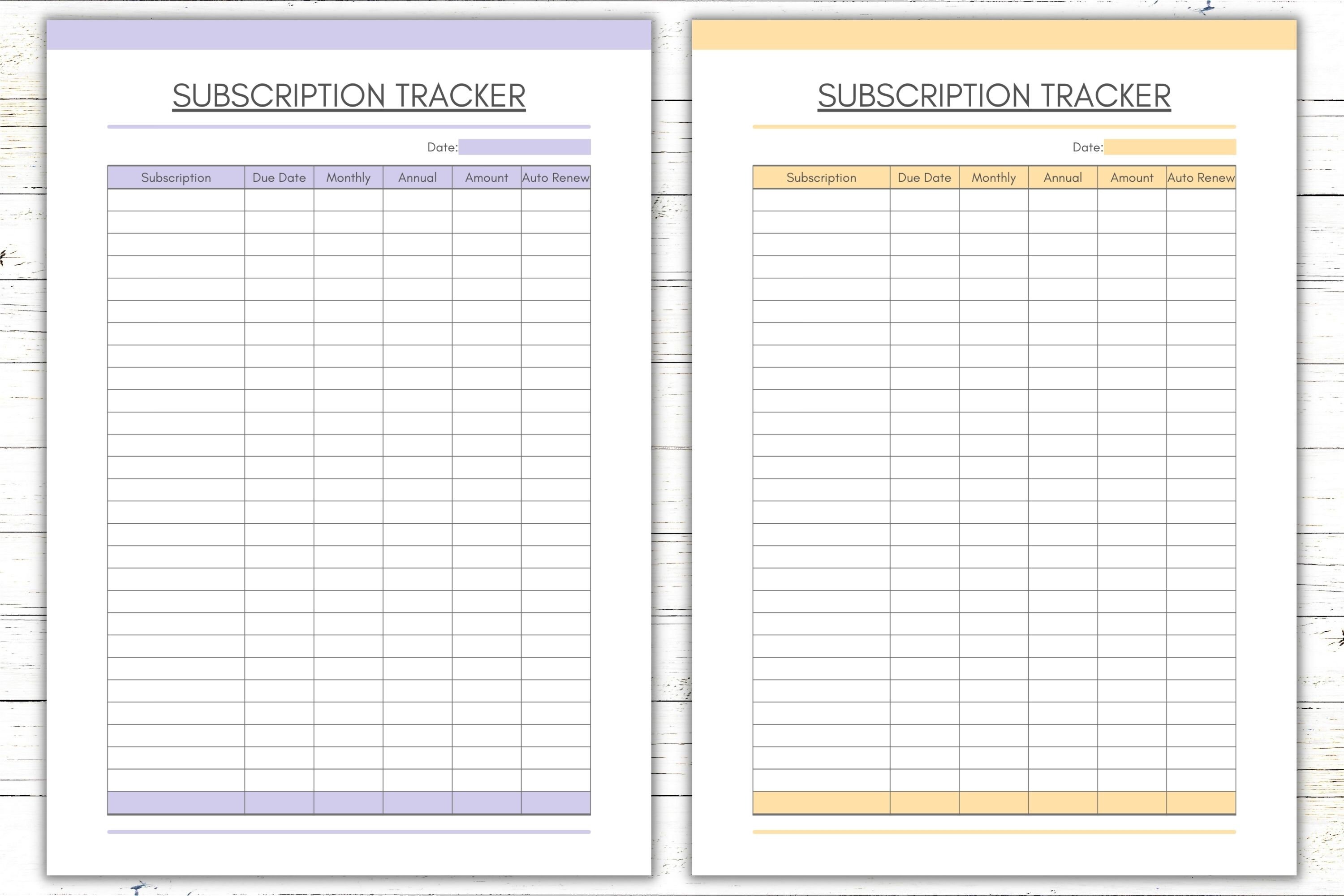 Printable Subscription Tracker, Membership Tracking, Monthly ...