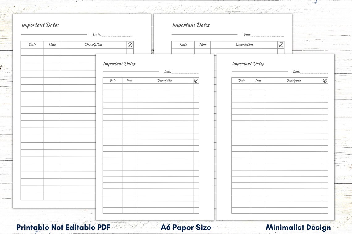 A6 Important Dates Printable, Important Dates Tracker, Important Dates ...