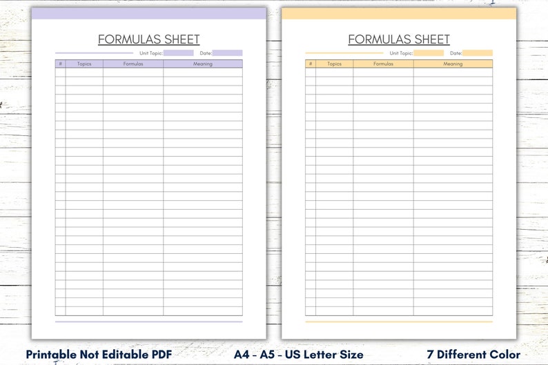 Printable Formula Sheet Template, Study Notes (PDF A4, A5, US Letter ...