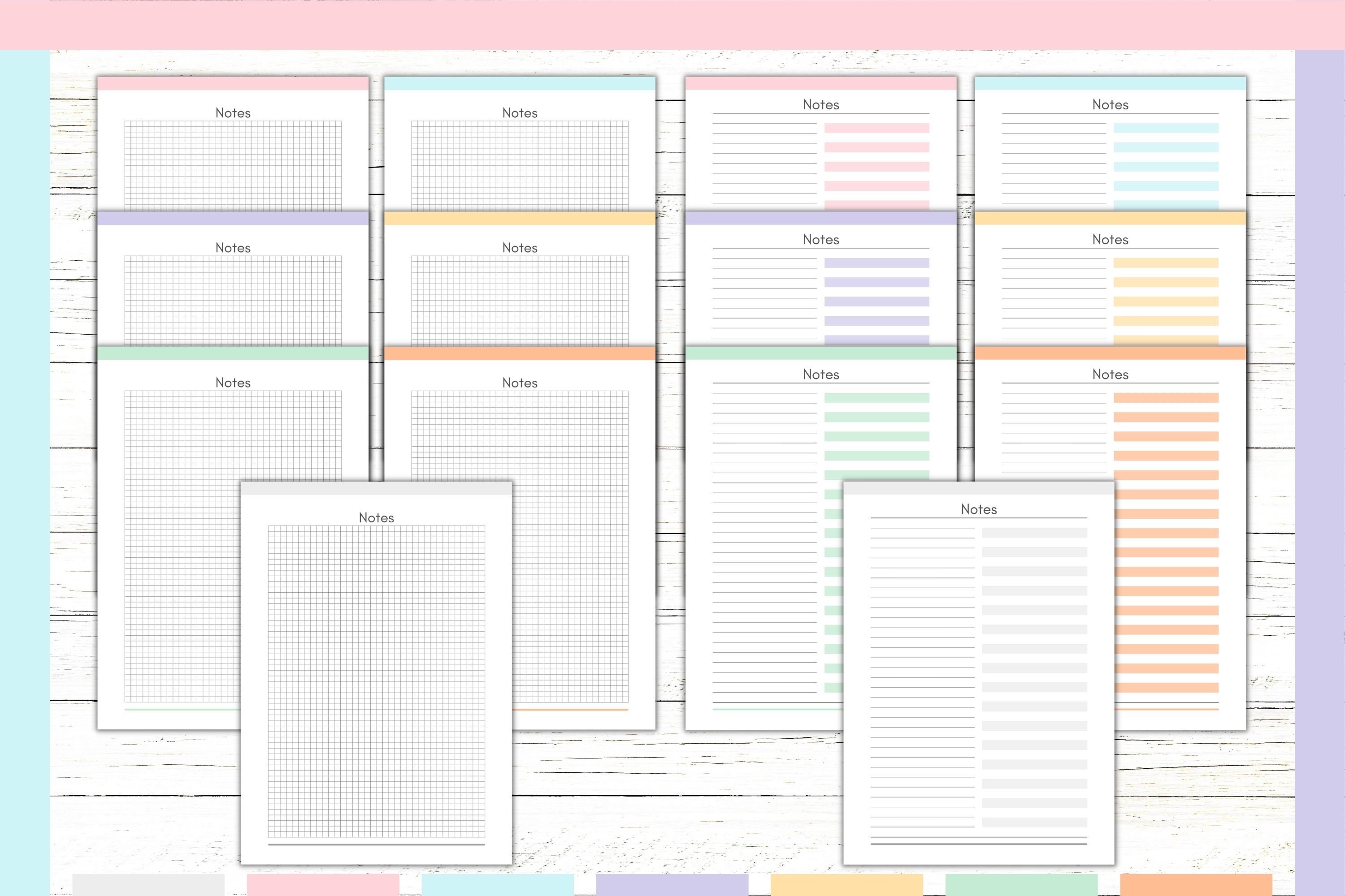 Notes Pages Planner Template Printable, Note Page Sheets, Colored Notes ...