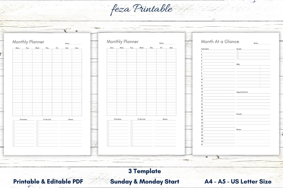 Monthly Planner Printable, Monthly Planner Template, Monthly Planner ...