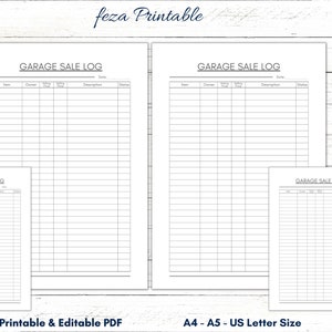Garage Log, Editable Money Tracker (PDF Printable Template A4/A5/US ...