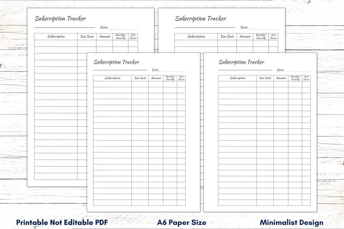A6 Subscription Tracker Printable, Subscription Template, Subscription ...
