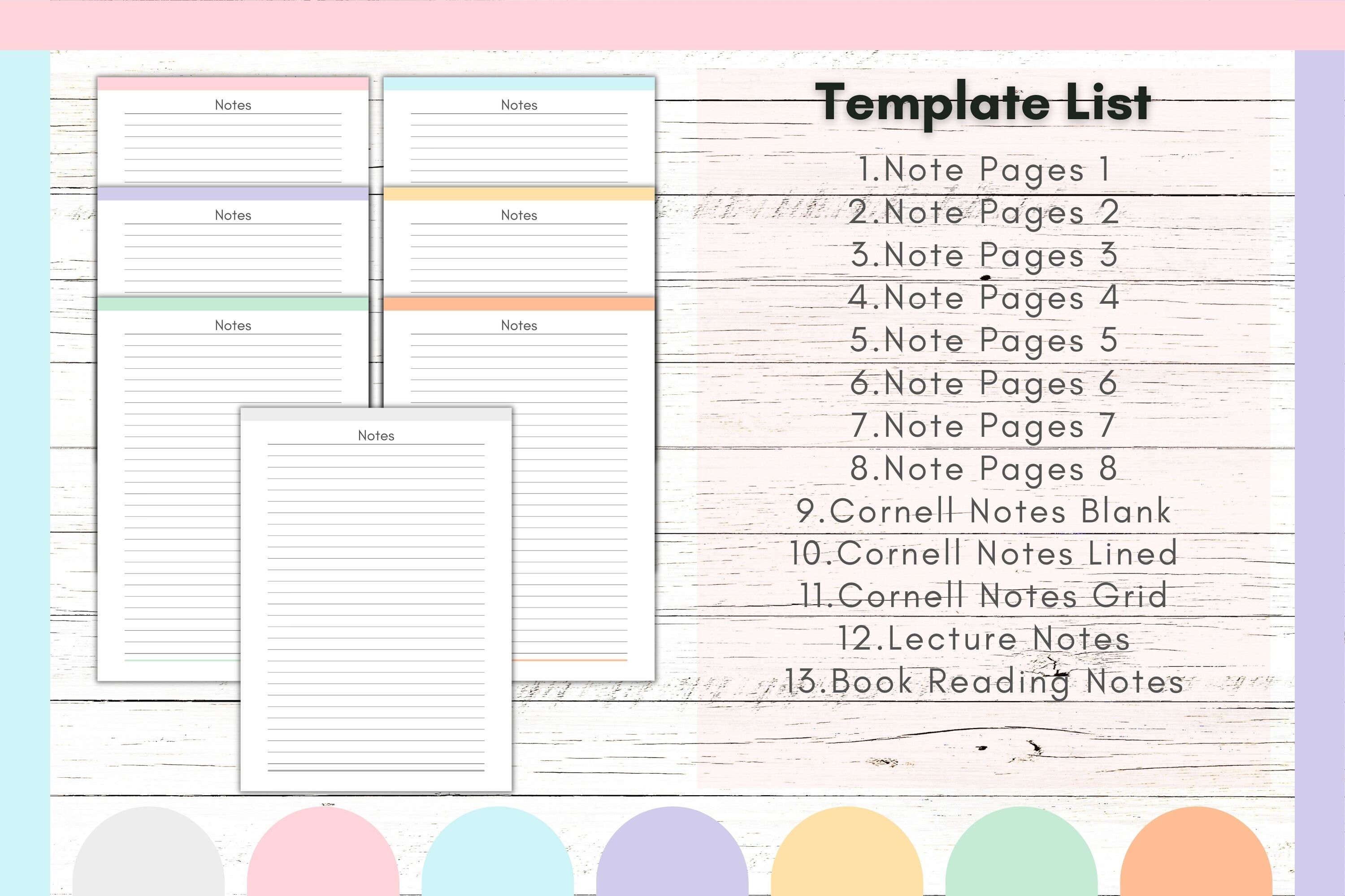 Notes Pages Planner Template Printable, Note Page Sheets, Colored Notes ...
